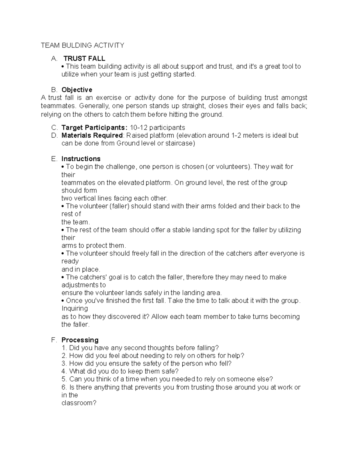 TEAM Bulding AND ICE Breaker - TEAM BULDING ACTIVITY A. TRUST FALL This ...