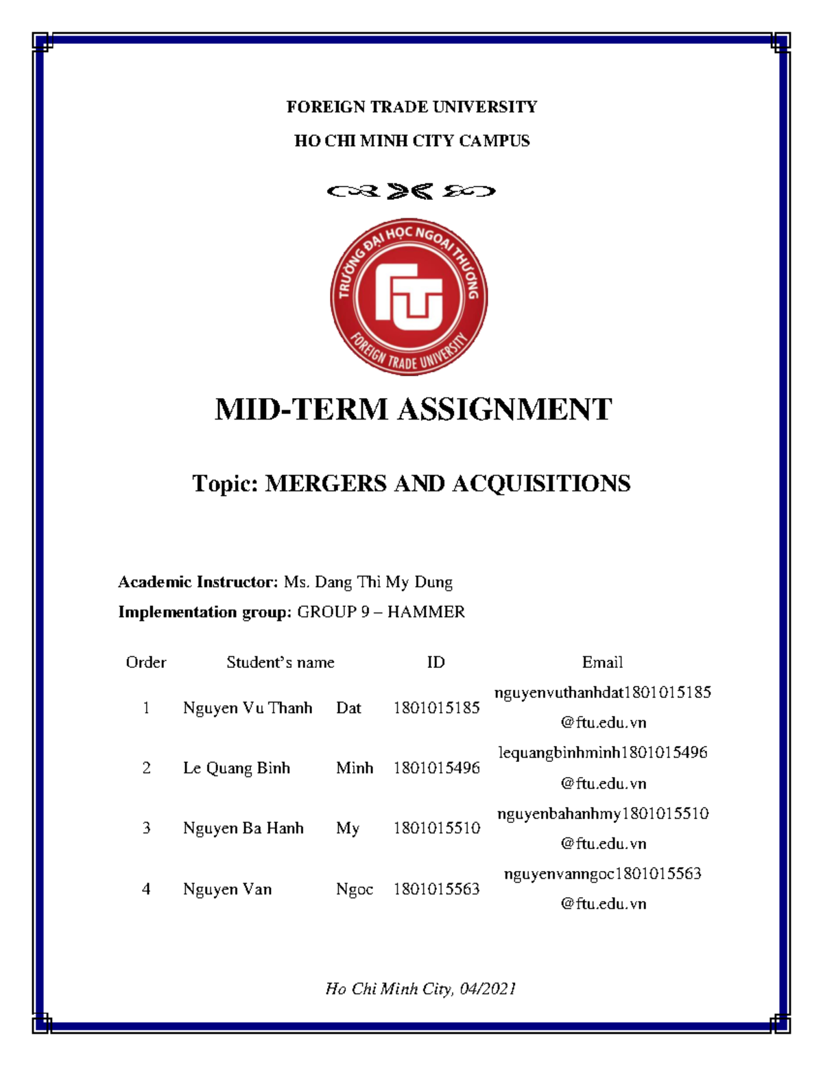 ML187 ESP Group 9 Merger And Acquisition 15-04-2021 - FOREIGN TRADE UNIVERSITY HO CHI MINH CITY ...