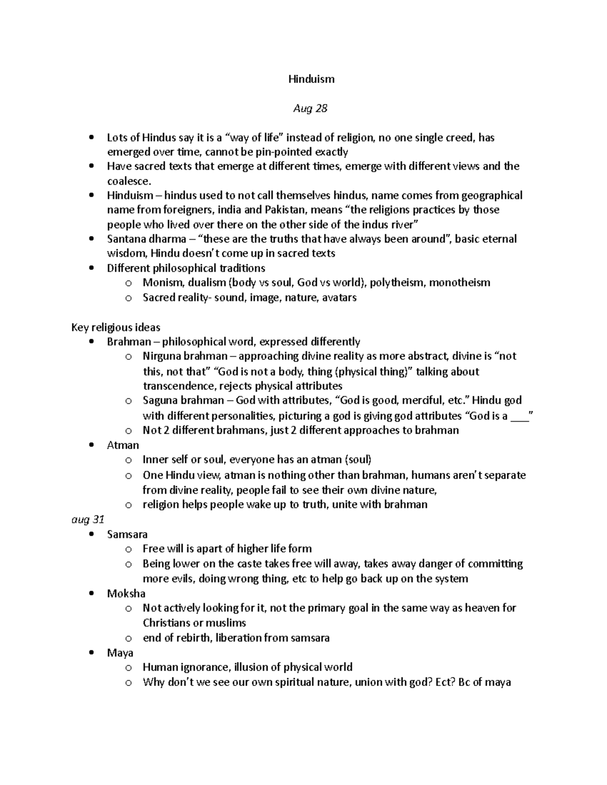 Hinduism-REL1000 - Class notes on Professor Yadlapati's lecture on ...