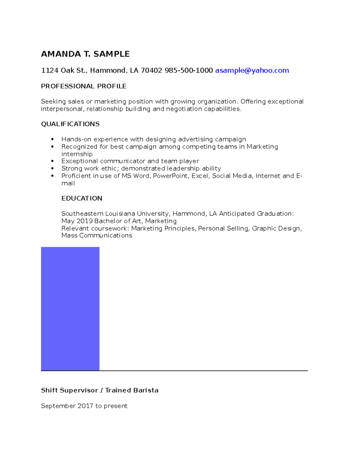 Resume template - AMANDA T. SAMPLE 1124 Oak St., Hammond, LA 70402 985 ...