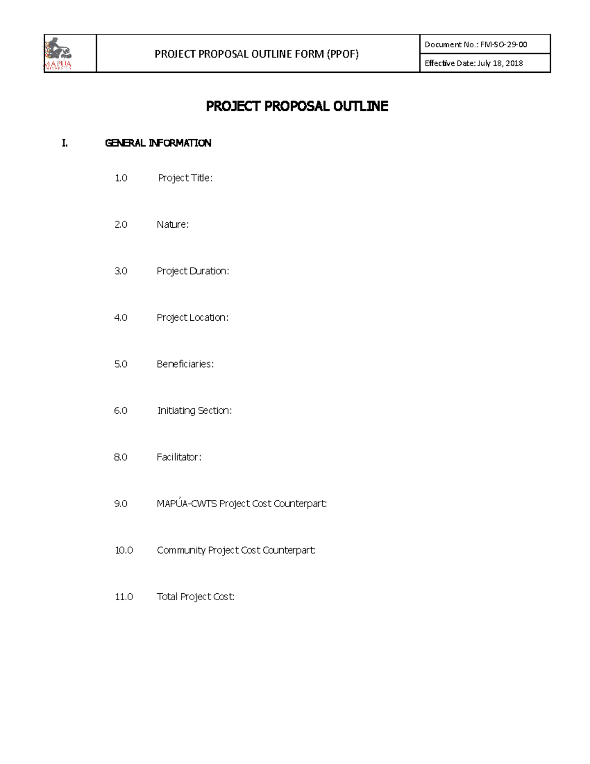 Project Proposal Outline Form - PROJECT PROPOSAL OUTLINE I. GENERAL ...