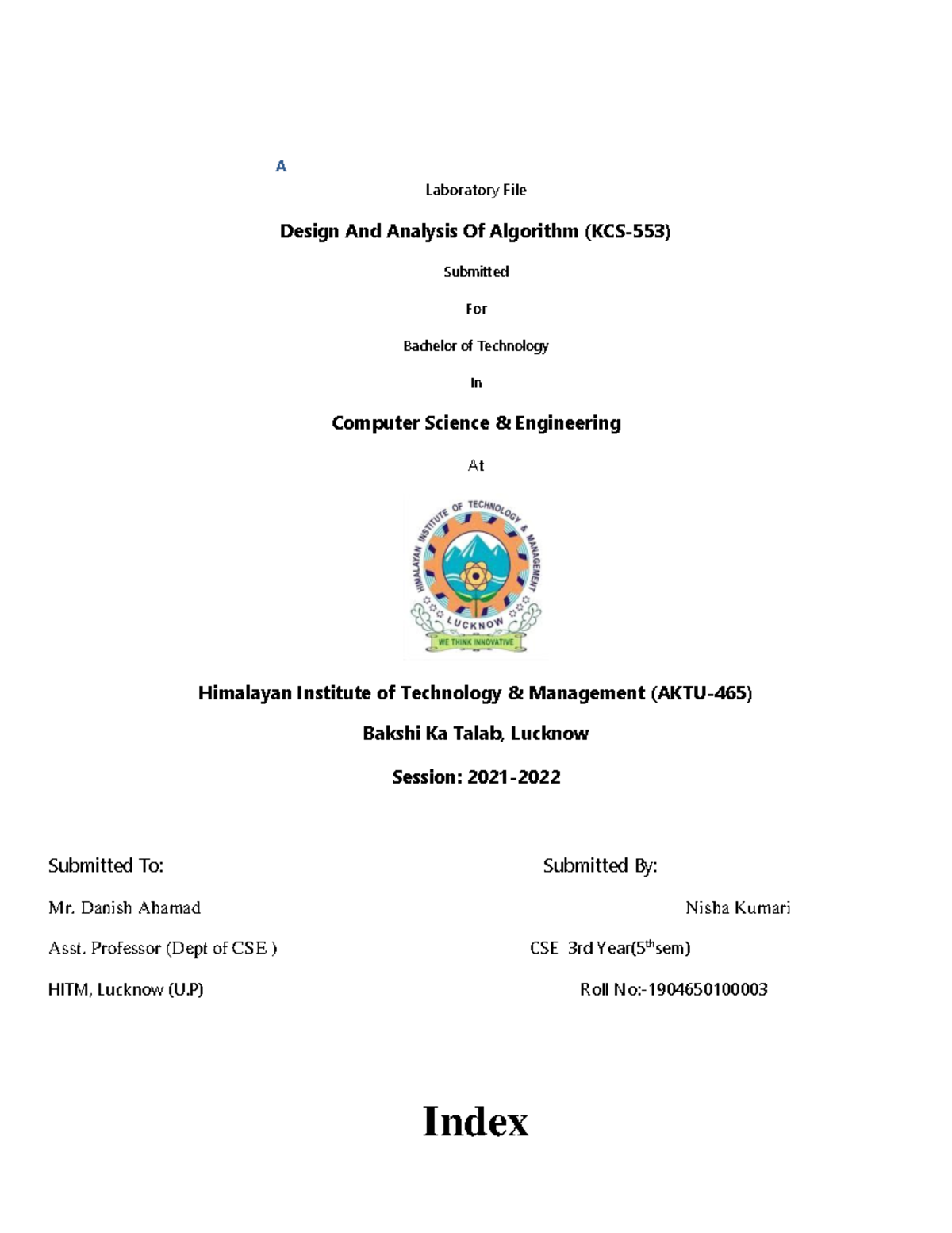 Daa nisha - vdkhdvchvr ovov o hsh;oif - A Laboratory File Design And Analysis Of Algorithm (KCS ...