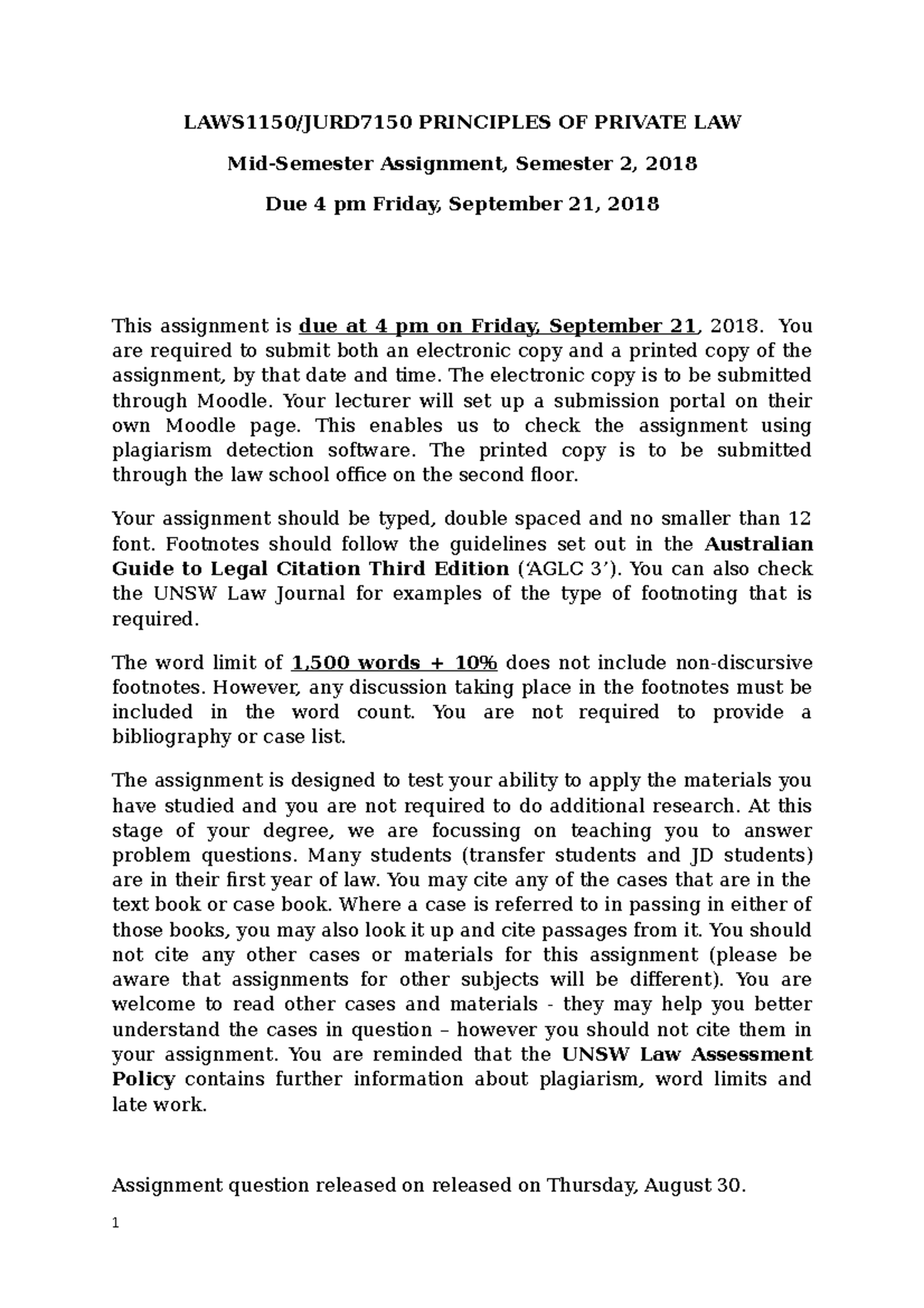 Principles of Private Law Mid-Semester Assignment, S2 2018 - LAWS1150 ...
