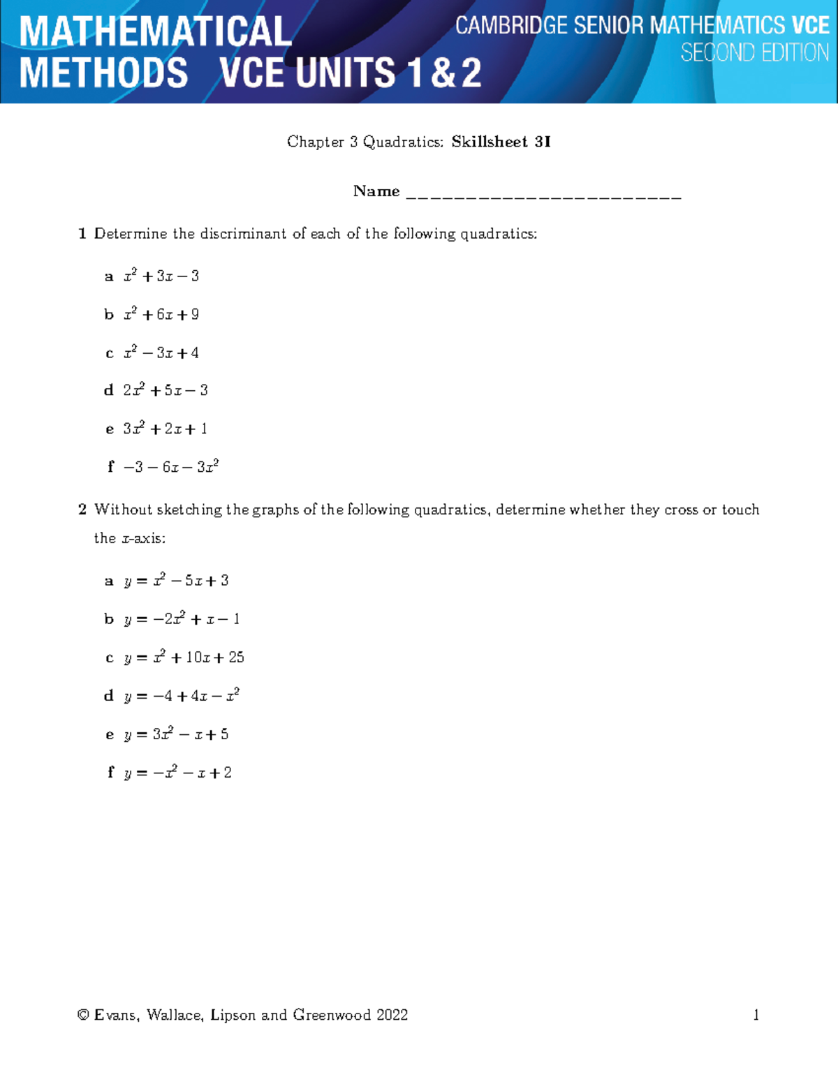 3I-Skillsheet - MATHS CAMBRIDGE METHODS UNIT 1 SAC PRACTICE. - Chapter ...