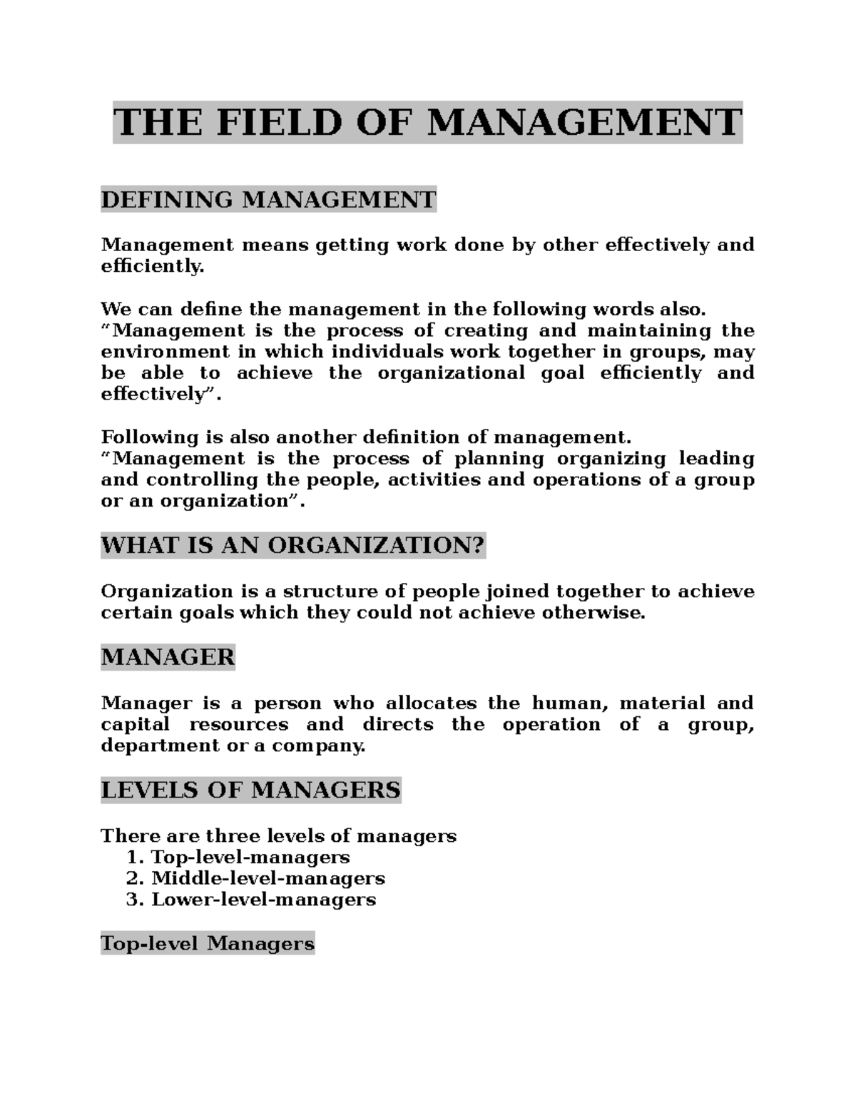 Notes OF First Three Chapters of principles of management - THE FIELD ...