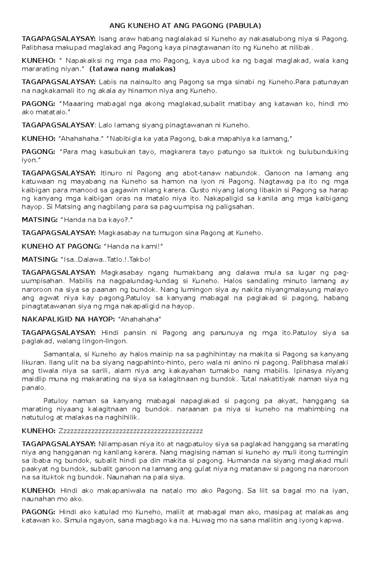 Pabula - Mga Maikling Babasahin sa Filipino - ANG KUNEHO AT ANG PAGONG ...