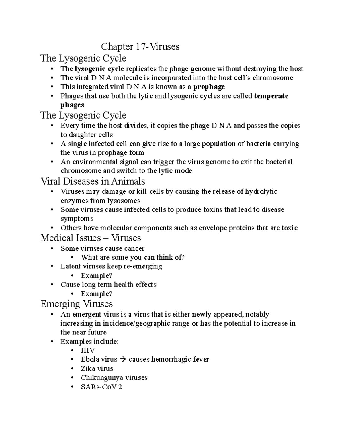 Chapter 17- Bio Notes 2 - Chapter 17-Viruses The Lysogenic Cycle The ...