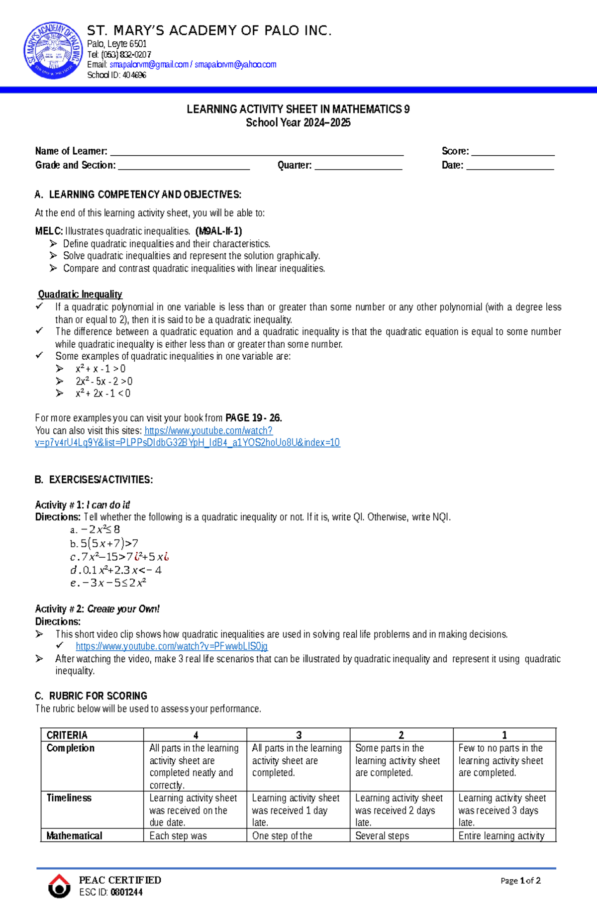 Learning Activity Sheet G9 DAY 4 - LEARNING ACTIVITY SHEET IN ...
