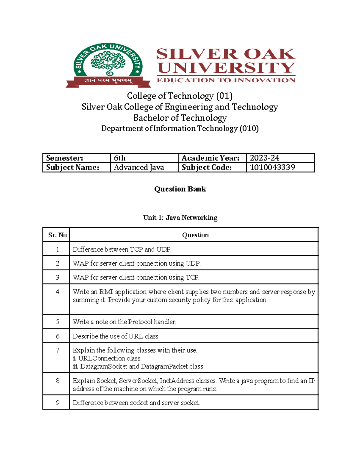Advanced JAVA QB - College of Technology (01) Silver Oak College of ...