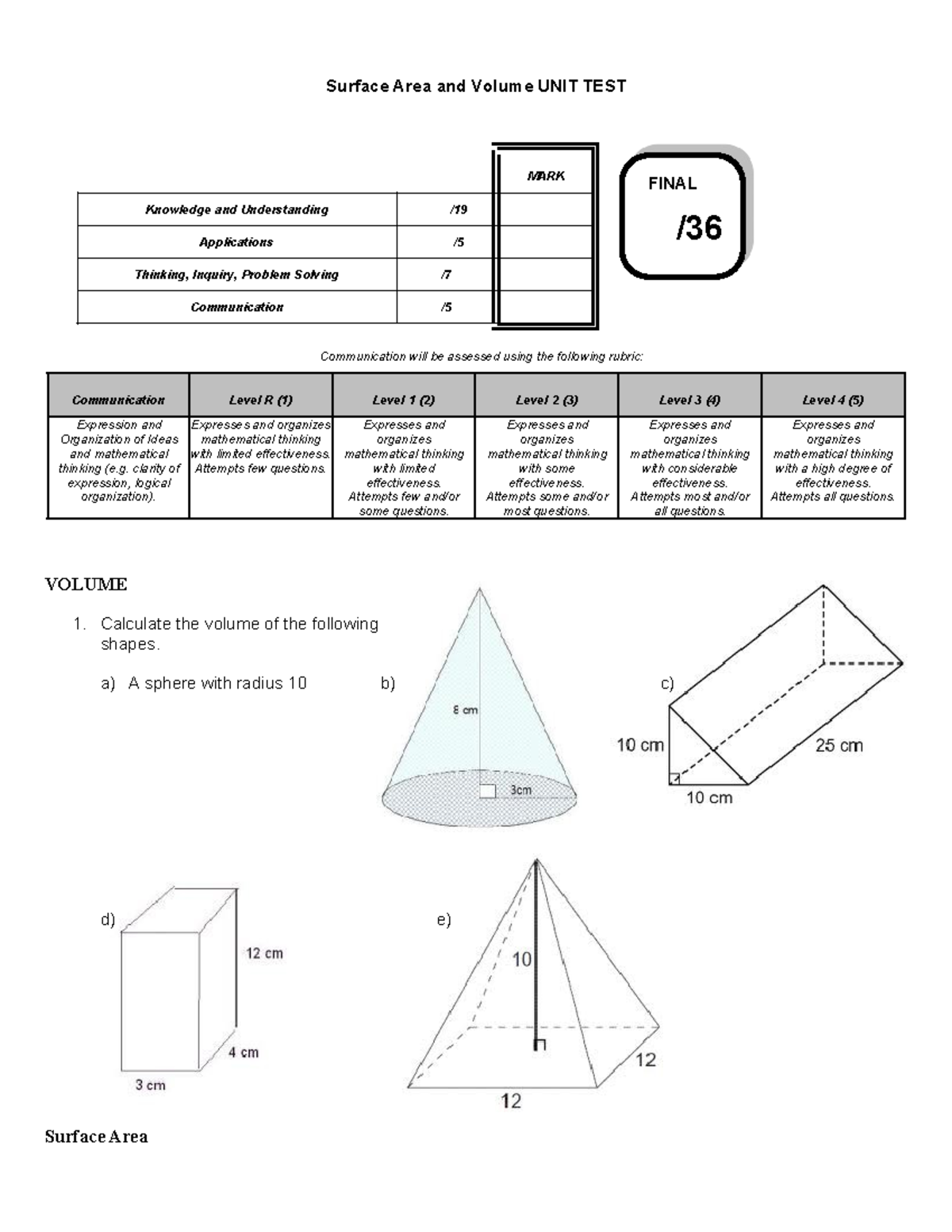 Unit 6 test - Test for quadratics - Surface Area and Volume UNIT TEST ...
