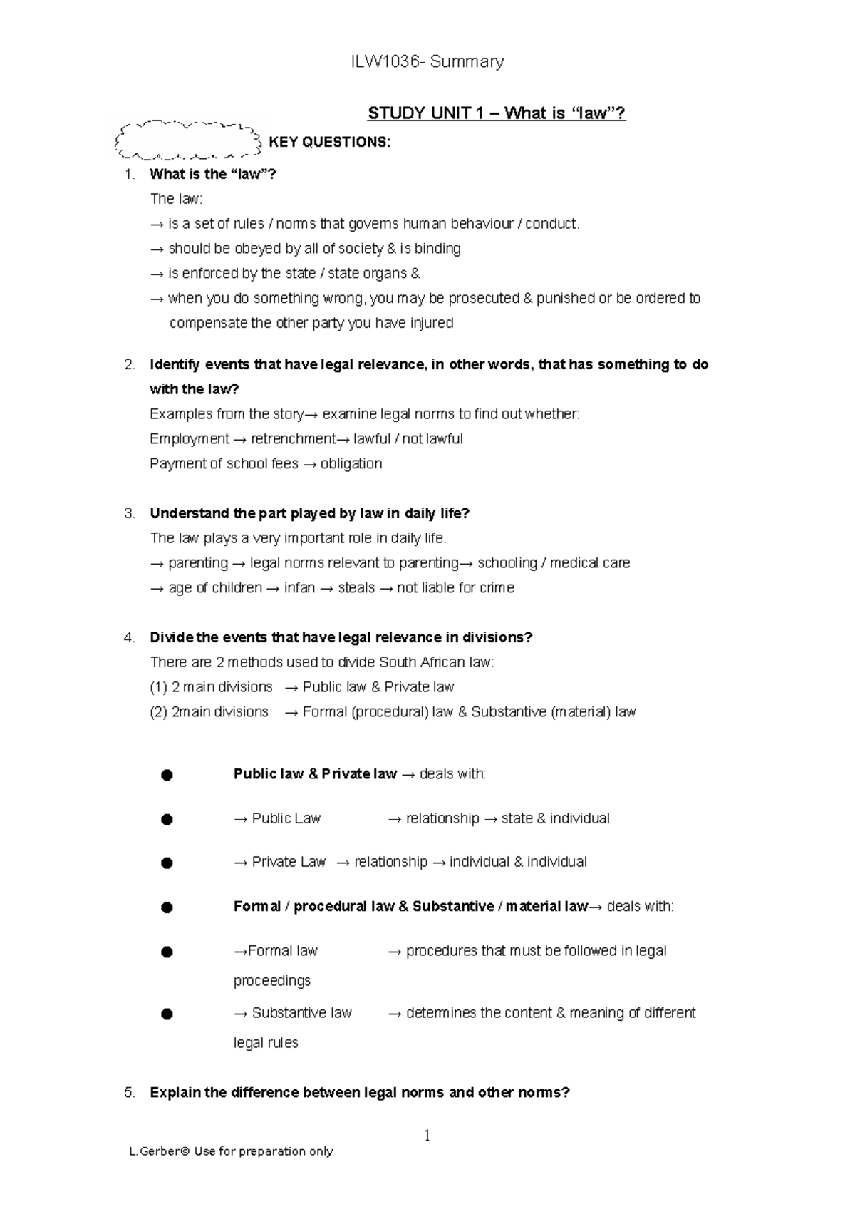 Ilw unit summaries 0 - Summary Introduction to Law - STUDY UNIT 1 ...