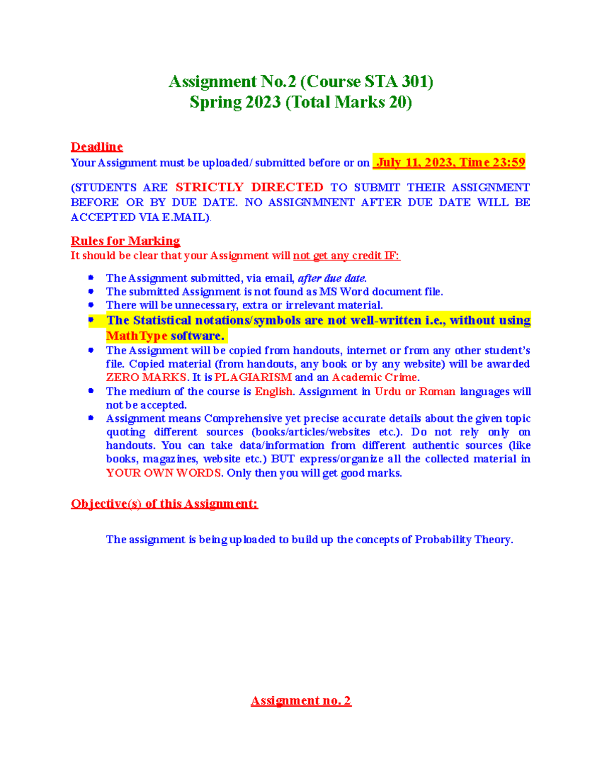 Spring 2023 STA301 2 - Good - Assignment No (Course STA 301) Spring 2023 (Total Marks 20 ...