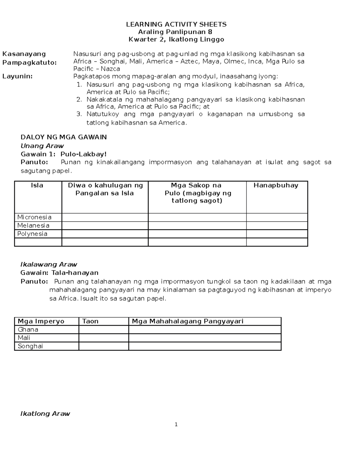 Araling Panlipunan 8 - 2Q - week 3 - LEARNING ACTIVITY SHEETS Araling Panlipunan 8 Kwarter 2 ...