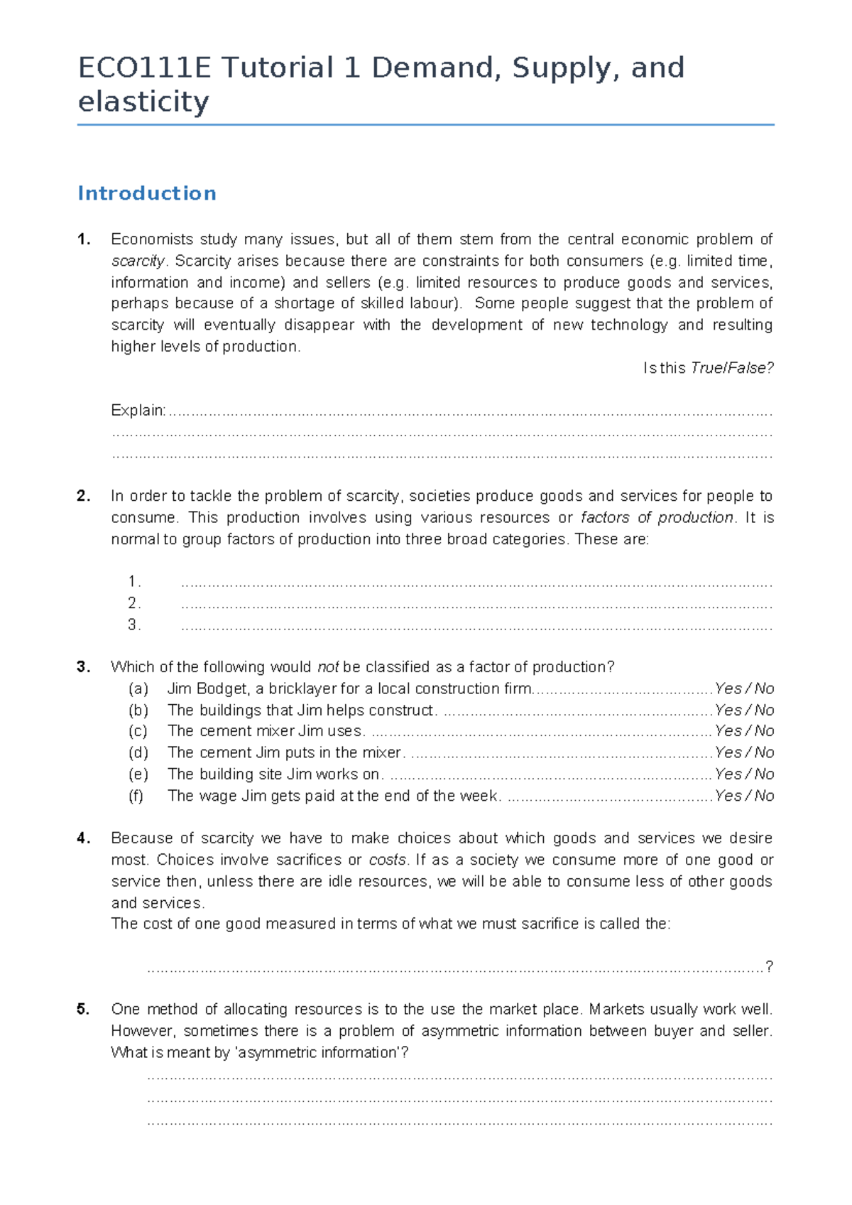 ECO111E Tutorial 1 demand and elascticity - ECO111E Tutorial 1 Demand, Supply, and elasticity ...