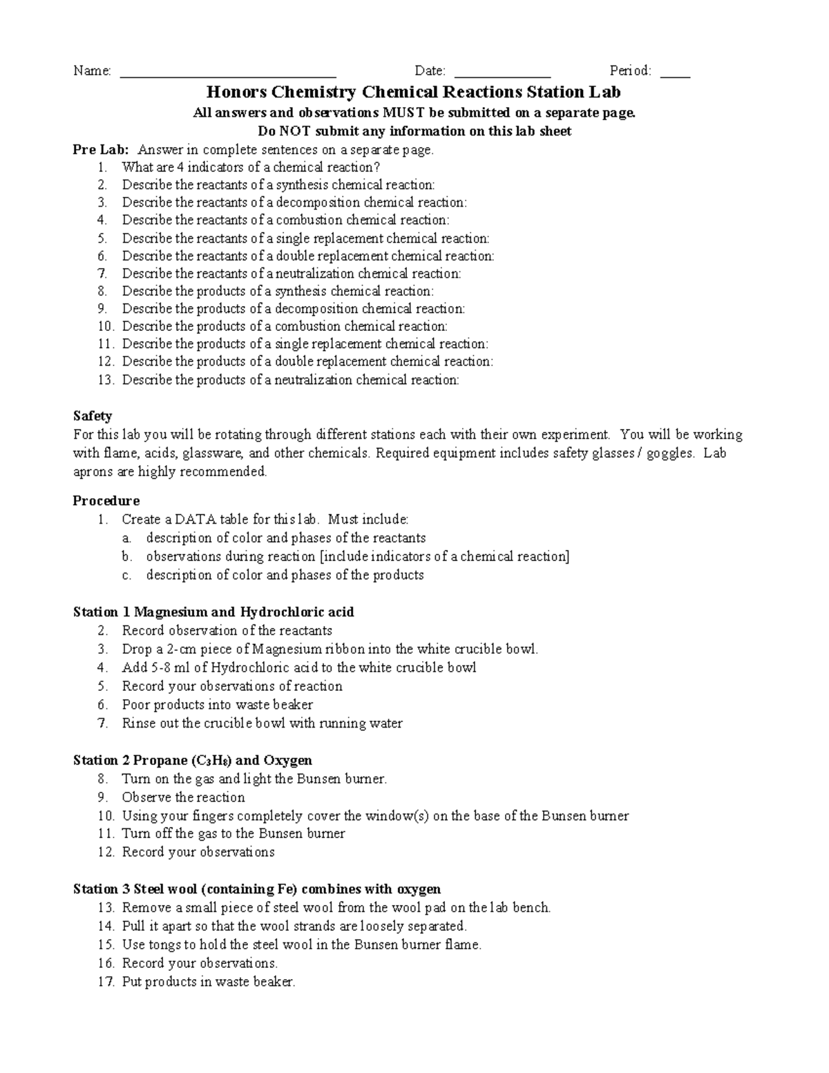 Honors Chemistry Chemical Reactions 4 Station Lab - Name ...