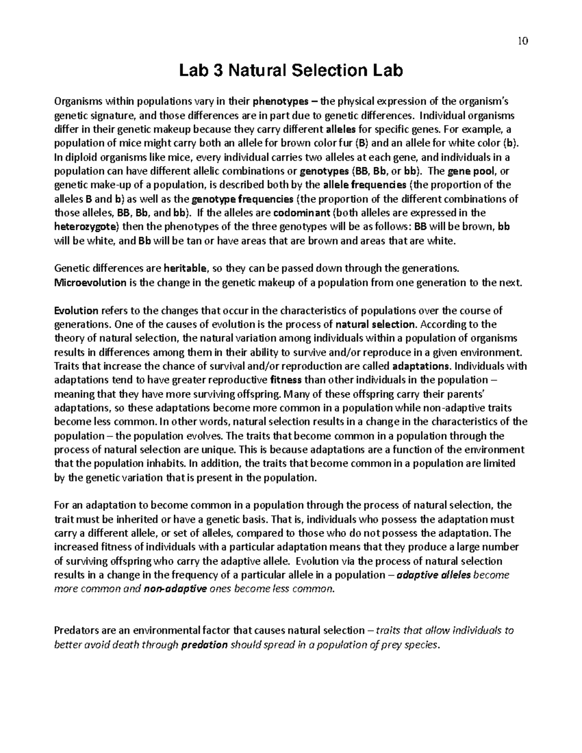 Lab 3 Natural Selection - Individual organisms differ in their genetic ...