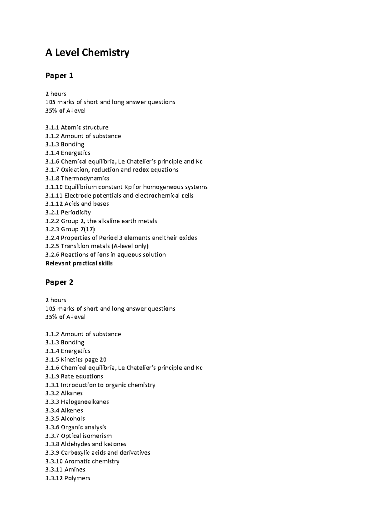 Chem spec simple - …….. - A Level Chemistry Paper 1 2 hours 105 marks ...