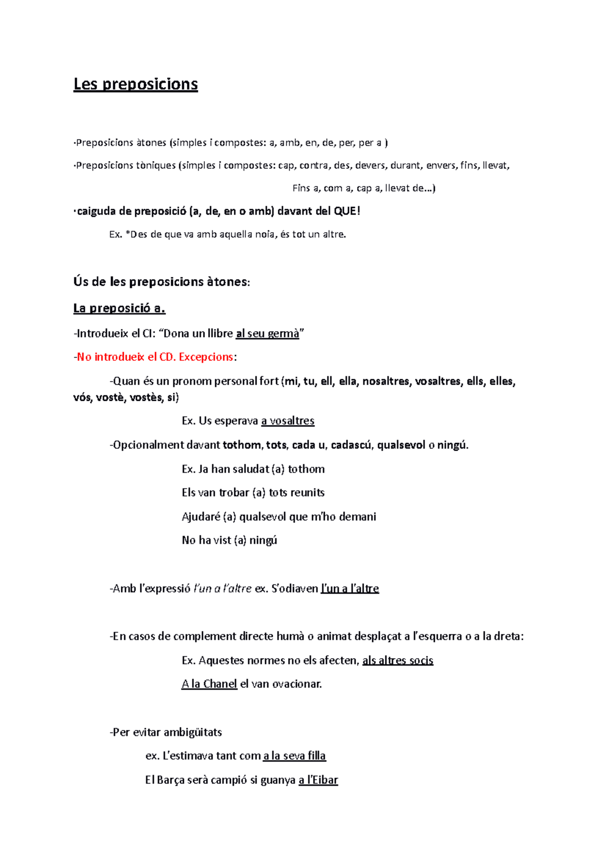 LES Preposicions - apuntes para catalán - Les preposicions ...