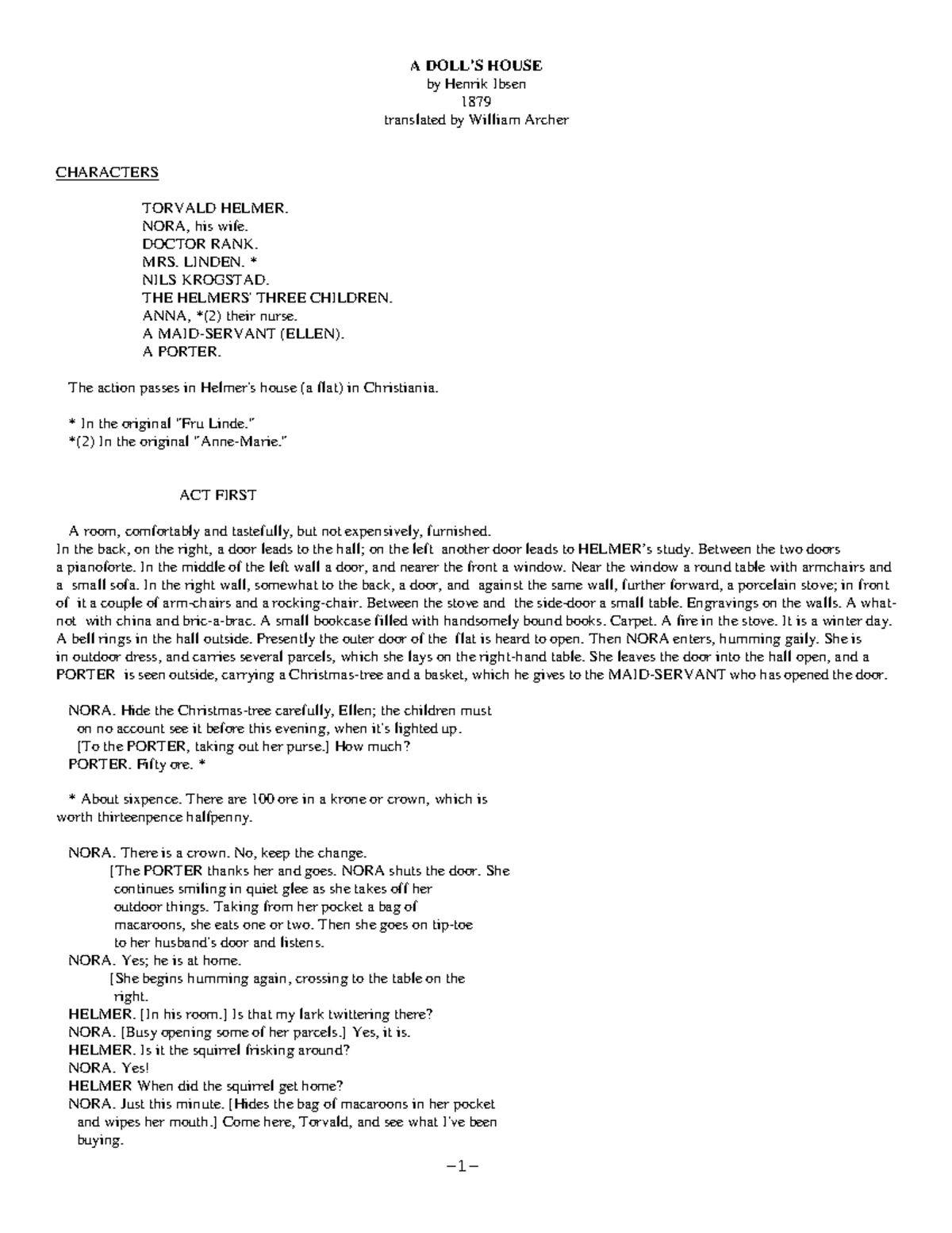 A DOLL'S House BY Henrik Ibsen - A DOLL'S HOUSE by Henrik Ibsen 1879 ...