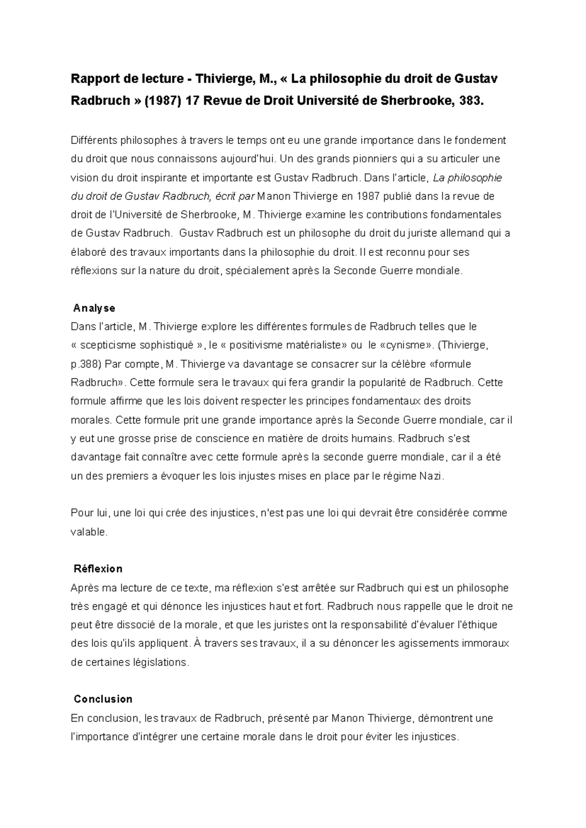 Rapport de lecture - Thivierge, M - , « La philosophie du droit de ...