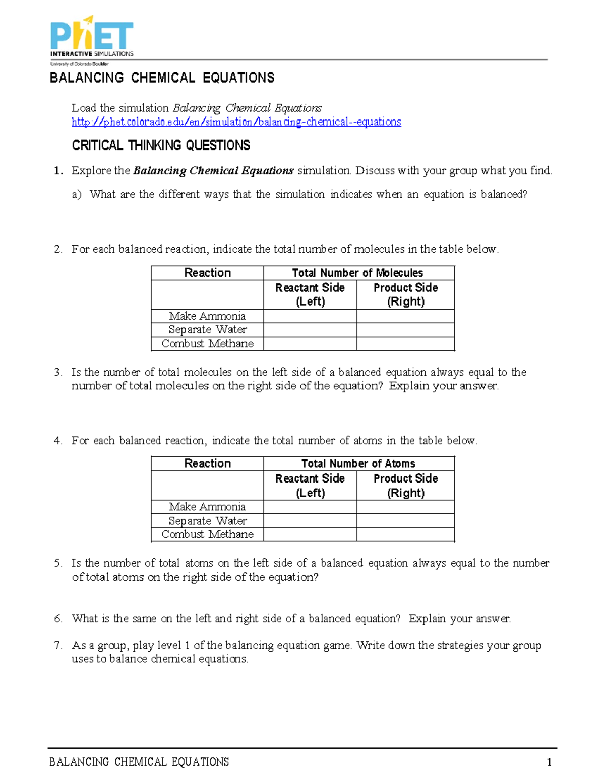 PHET Balancing Equations - BALANCING CHEMICAL EQUATIONS 1 BALANCING ...