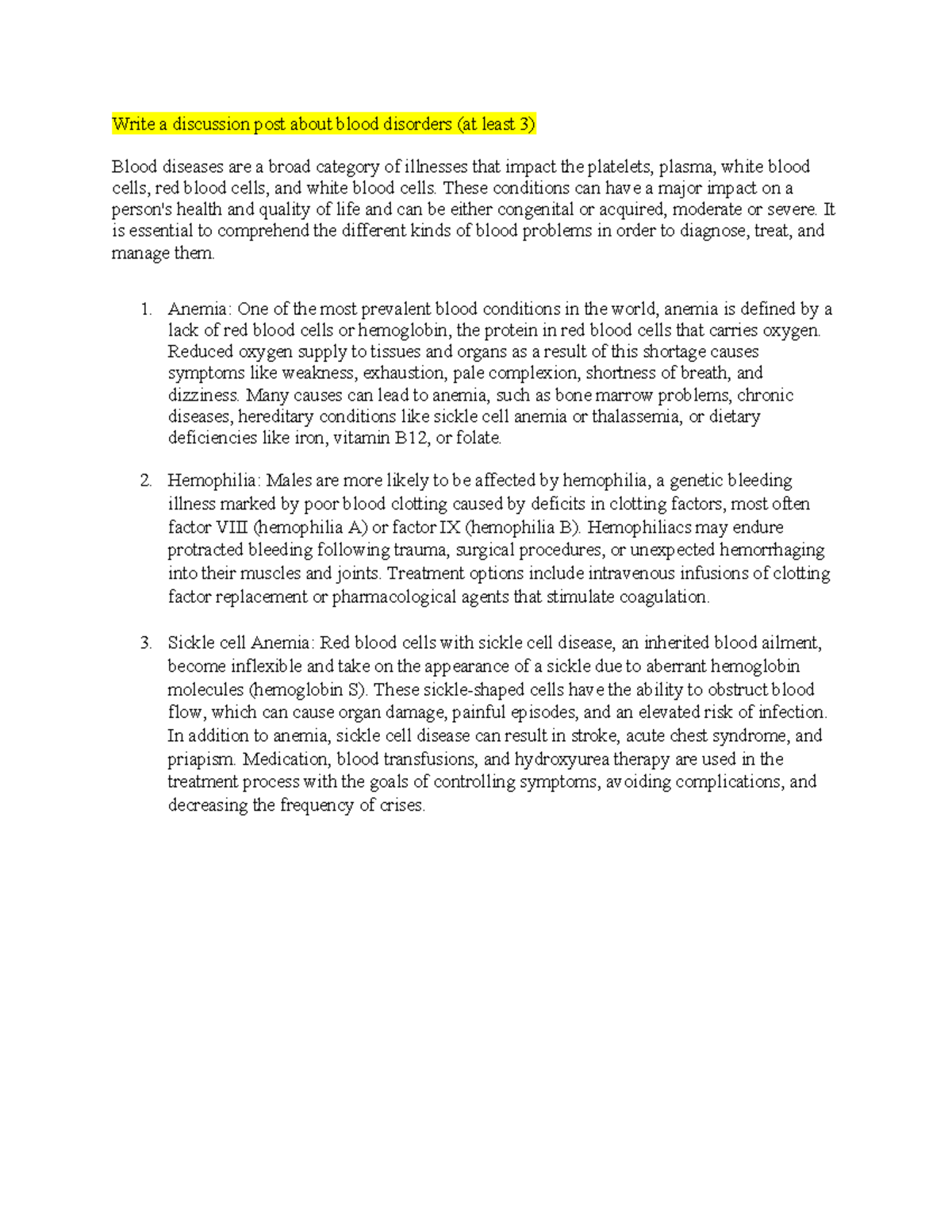 Blood - Write a discussion post about blood disorders (at least 3 ...