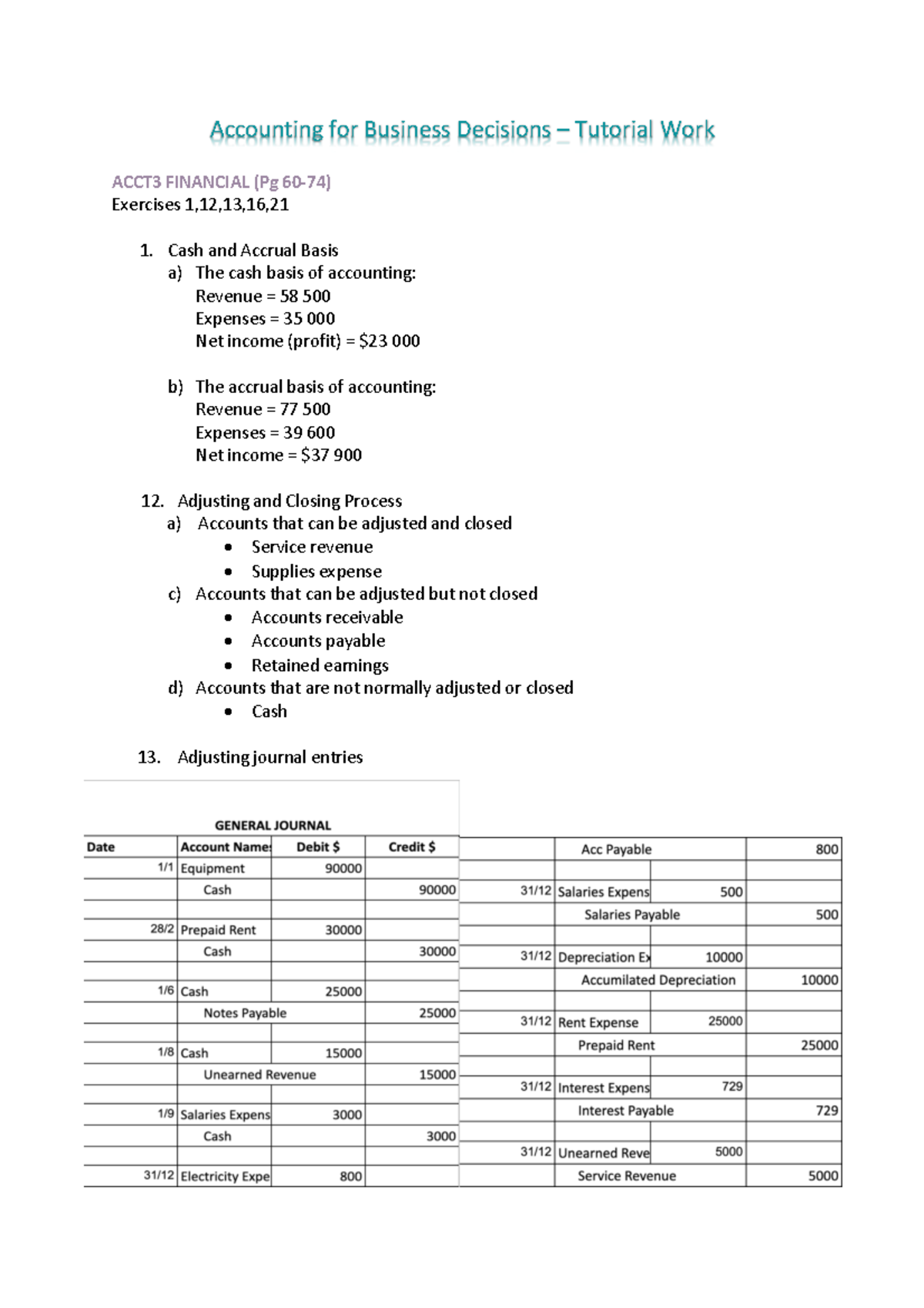Accounting Homework - Accounting for Business Decisions – Tutorial Work ...