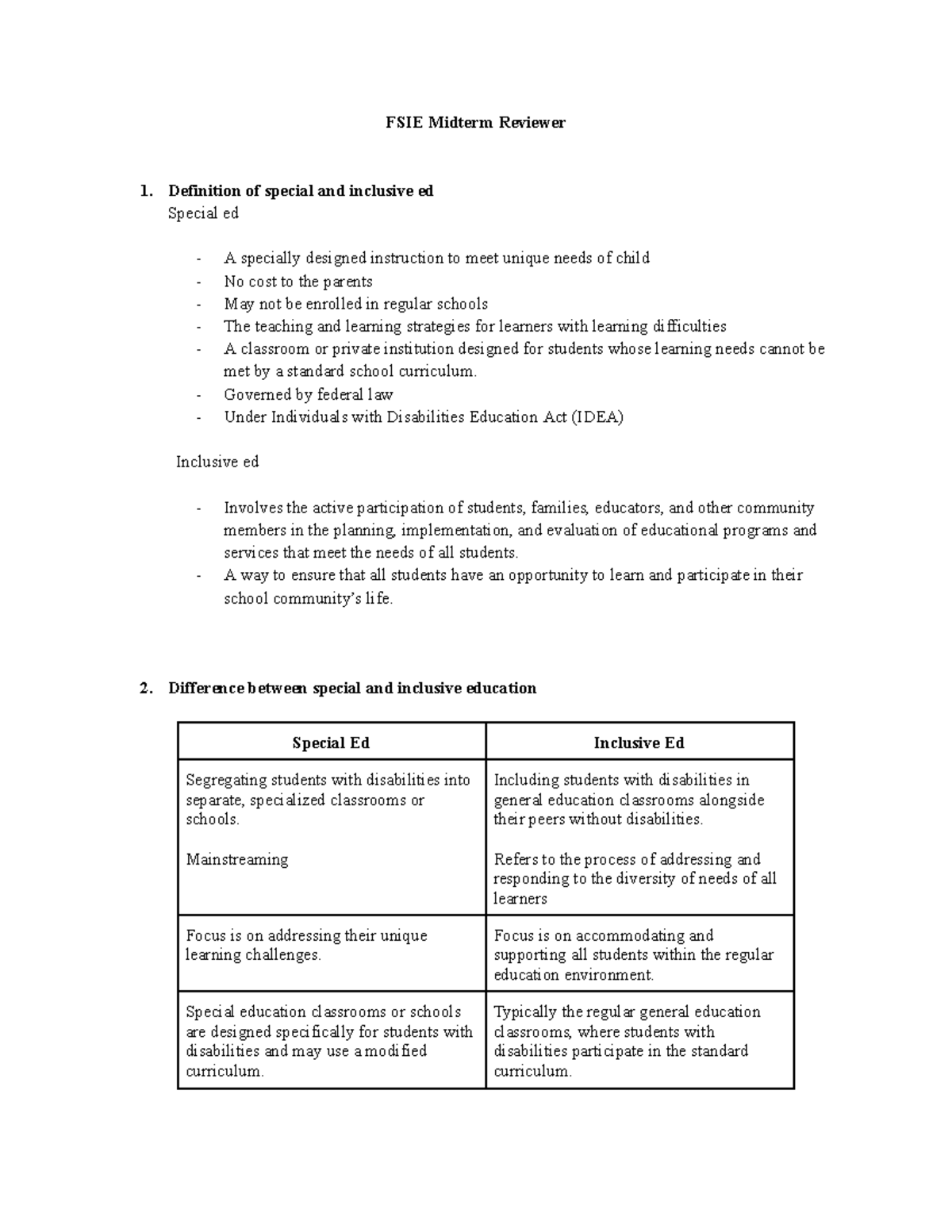 FSIE Midterm Reviewer - FSIE Midterm Reviewer Definition of special and ...
