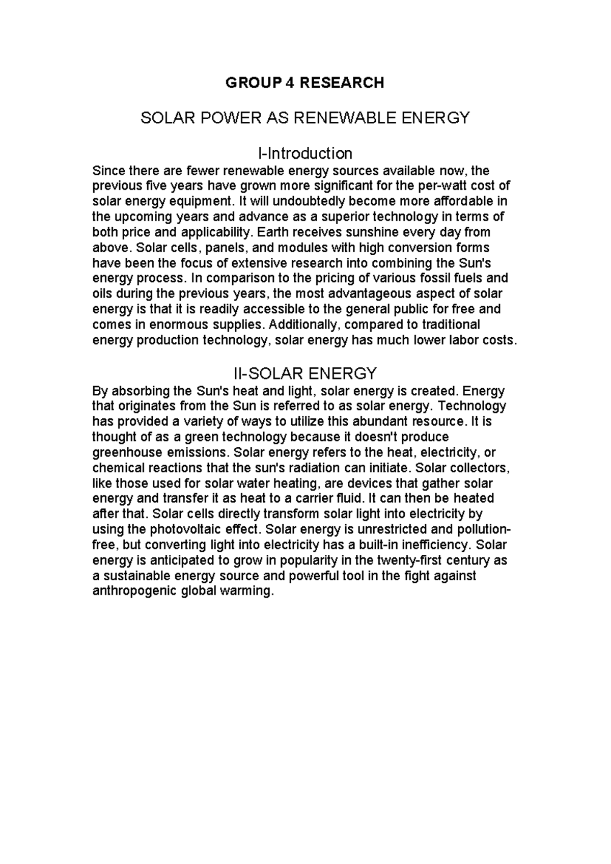 Research group 4 10 - GROUP 4 RESEARCH SOLAR POWER AS RENEWABLE ENERGY ...