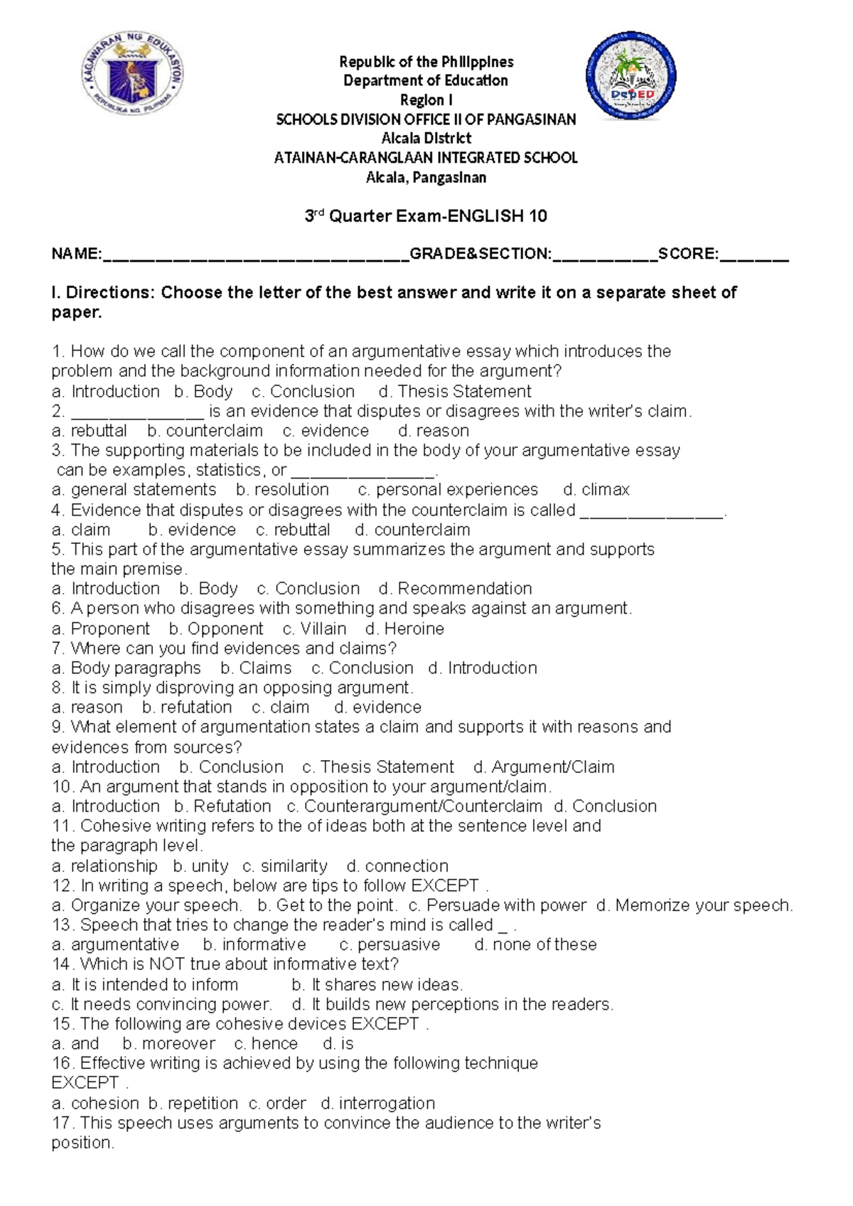 English 10 Q3 - Republic of the Philippines Department of Education ...