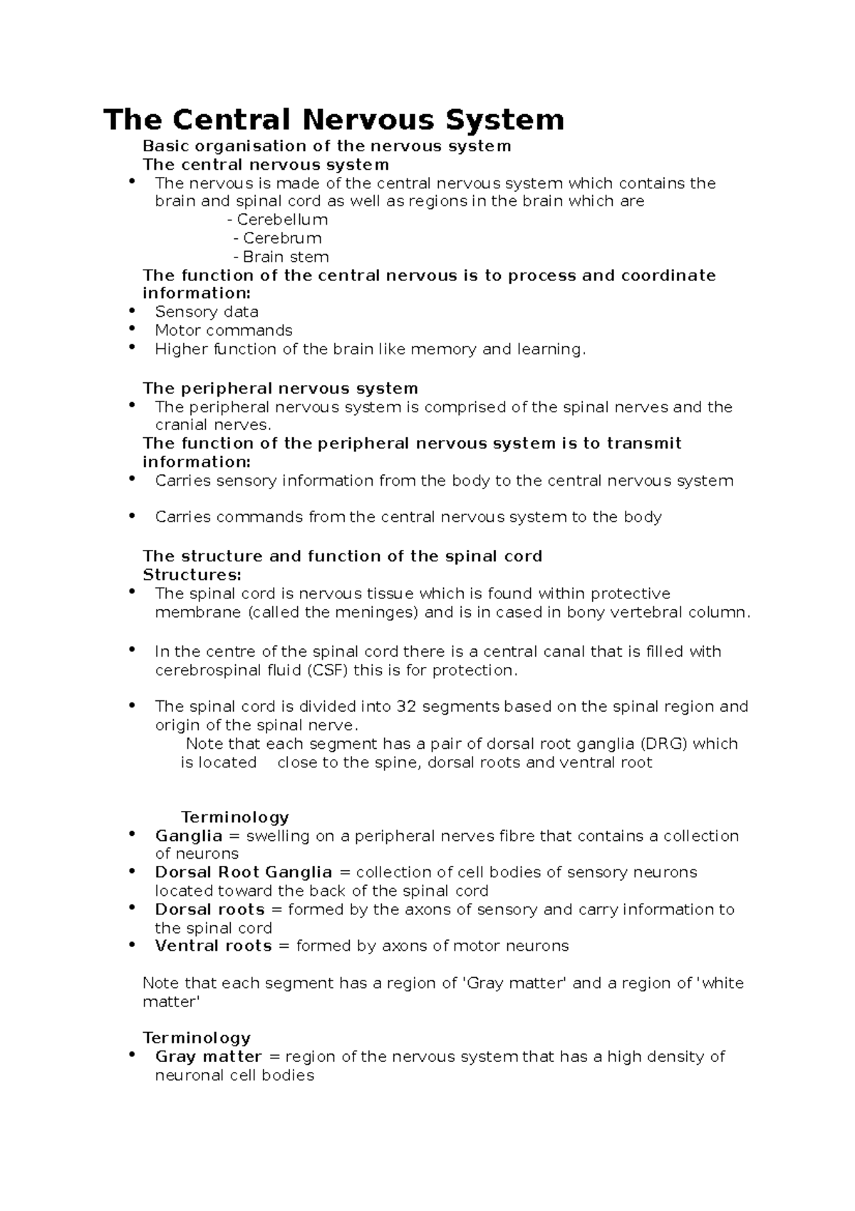 Central Nervous System - The Central Nervous System Basic organisation ...