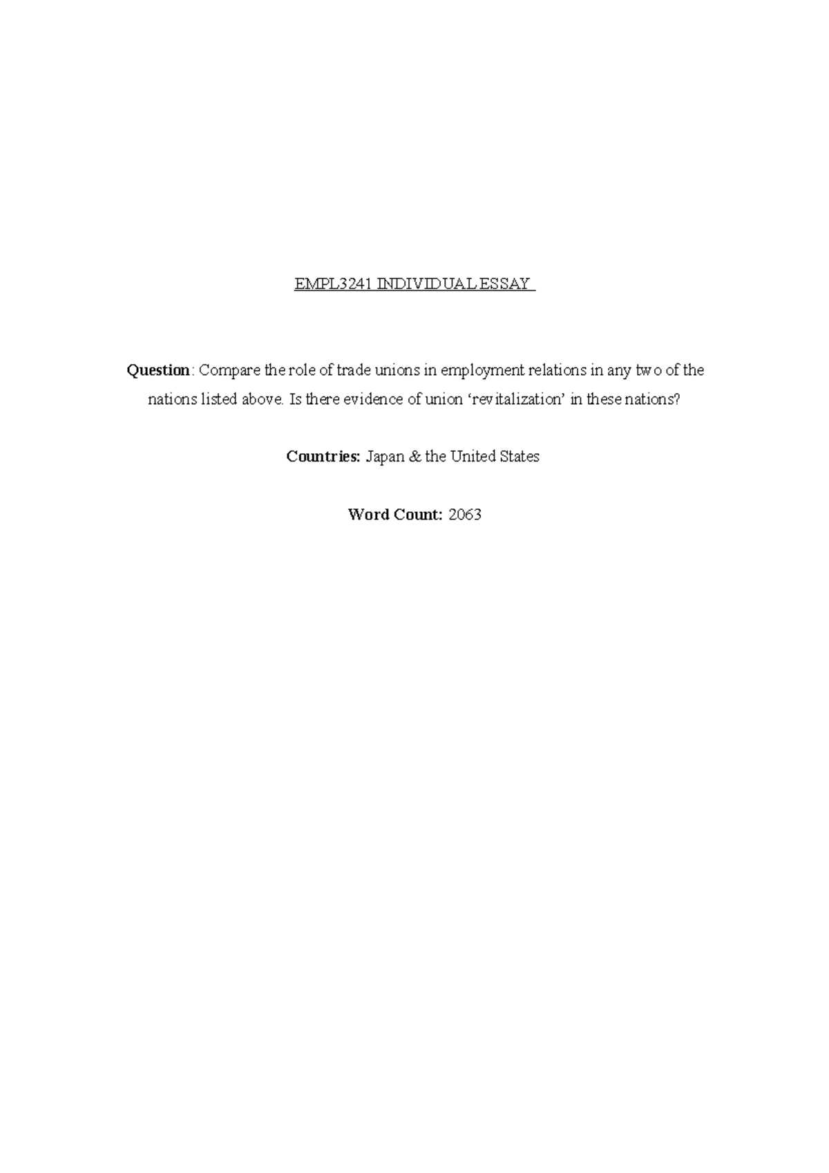 EMPL3241 Individual Essay - EMPL3241 INDIVIDUAL ESSAY Question: Compare ...