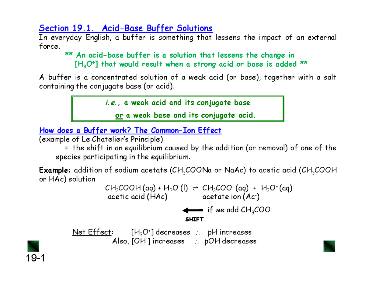 Chapter 19 Ionic Equilibria Week 1 - Section 19. Acid-Base Buffer Solutions In everyday English ...