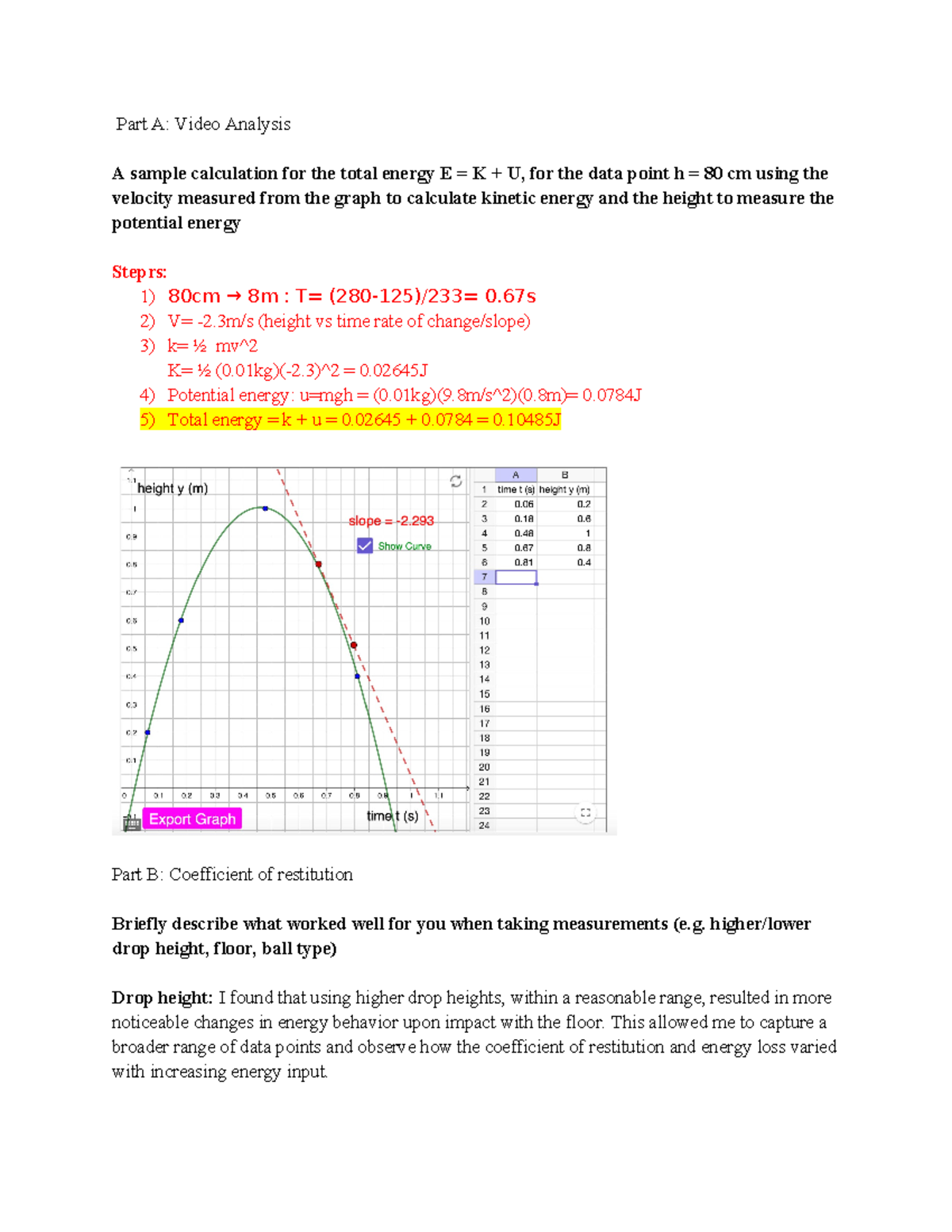 Lab 2 Conservation of Energy - Part A: Video Analysis A sample ...