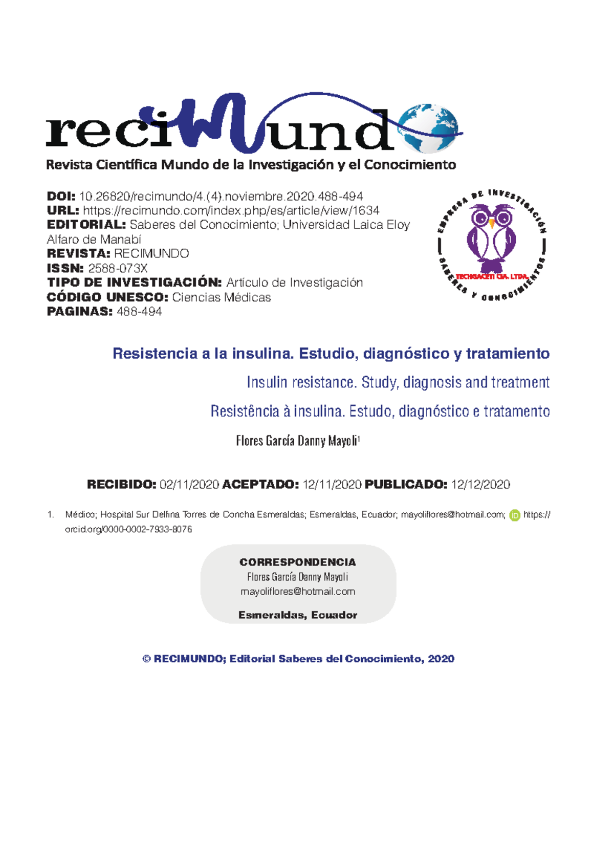 Resistencia A KA Insukina - DOI: 10/recimundo/4.(4).noviembre.2020- URL ...