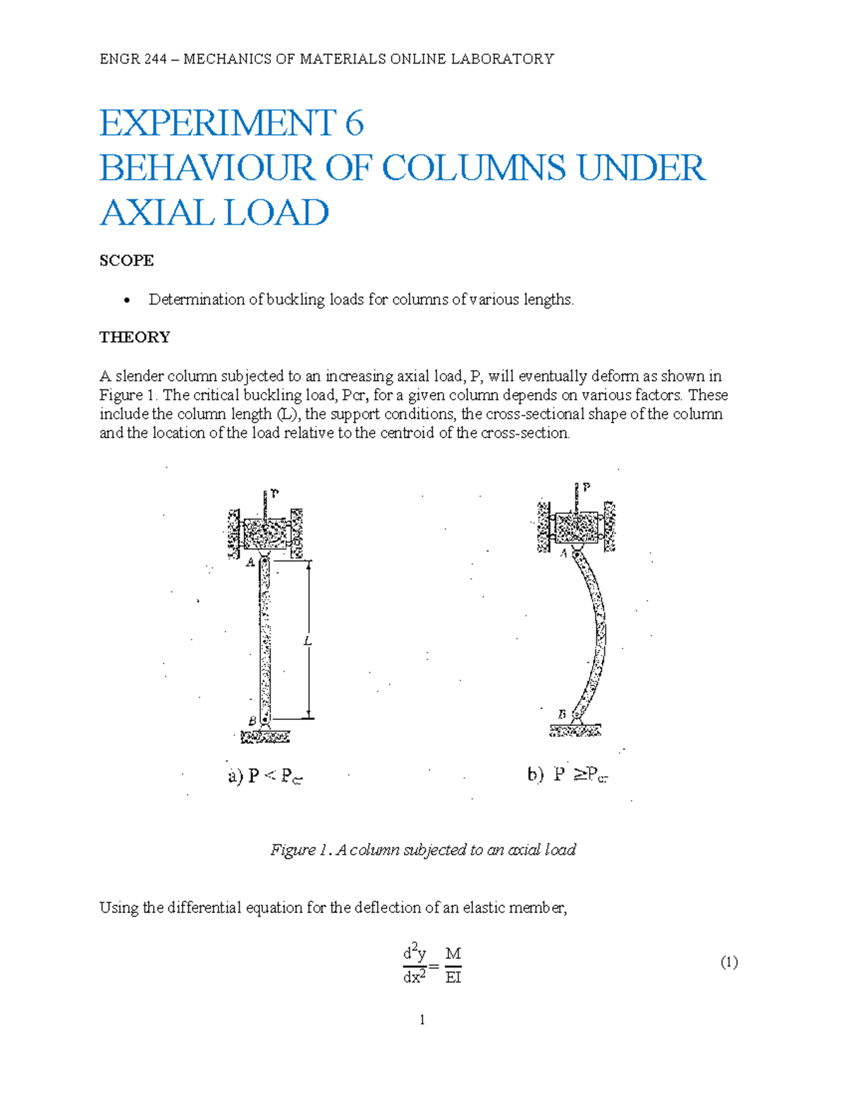 Mech 351 Lab 6 Experiment Description - EXPERIMENT 6 BEHAVIOUR OF COLUMNS UNDER AXIAL LOAD SCOPE ...