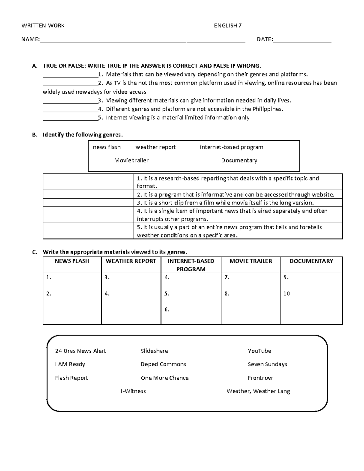 Written WORK English 7 no - WRITTEN WORK ENGLISH 7 - Studocu