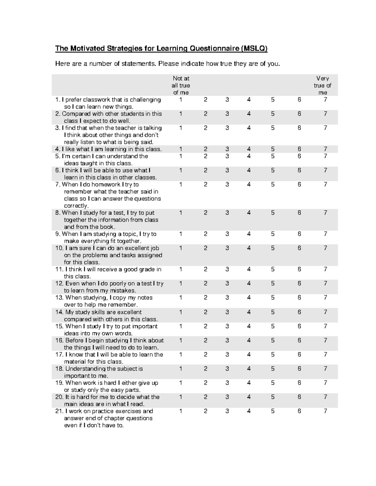 Seminar 5 MSLQ - The Motivated Strategies for Learning Questionnaire ...