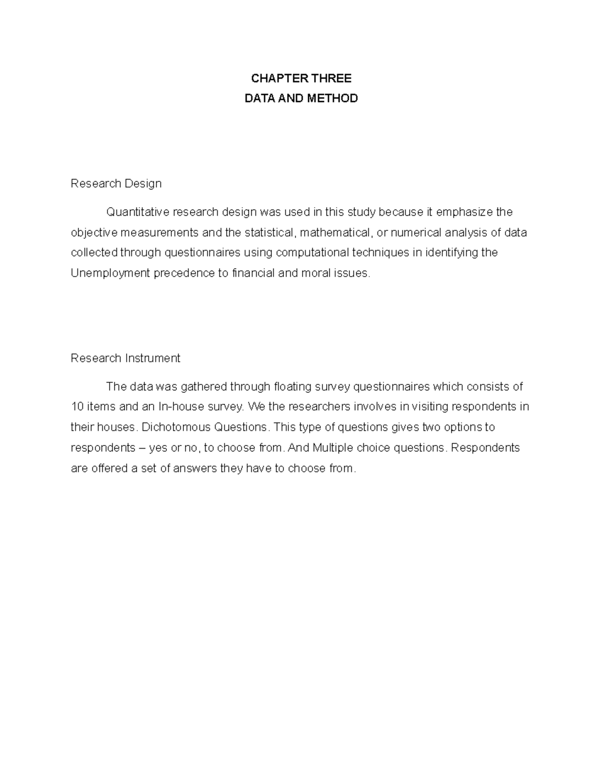 Chapter Three - CHAPTER THREE DATA AND METHOD Research Design ...