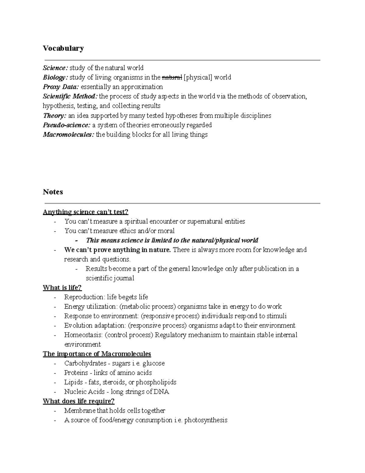 BIO 1401-Intro and What is Life-Student - Vocabulary Science: study of ...