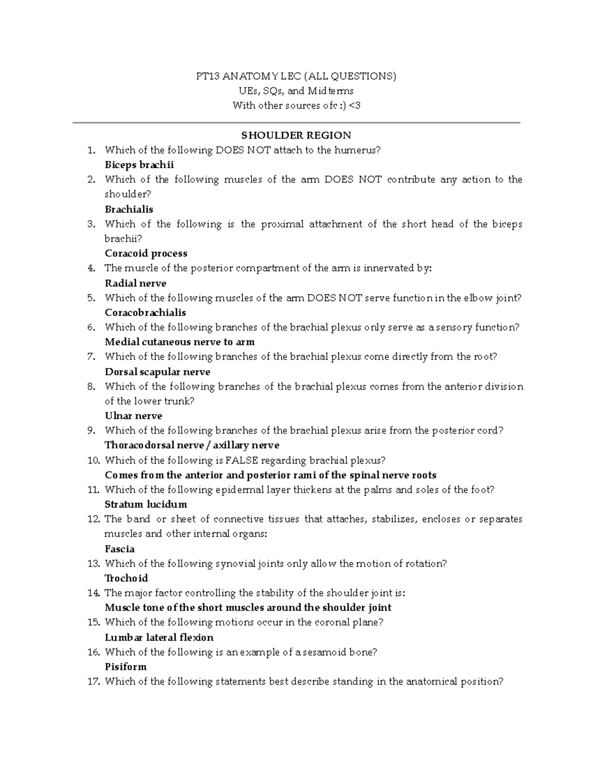 PT13 Review (ALL Questions) - PT13 ANATOMY LEC (ALL QUESTIONS) UEs, SQs ...