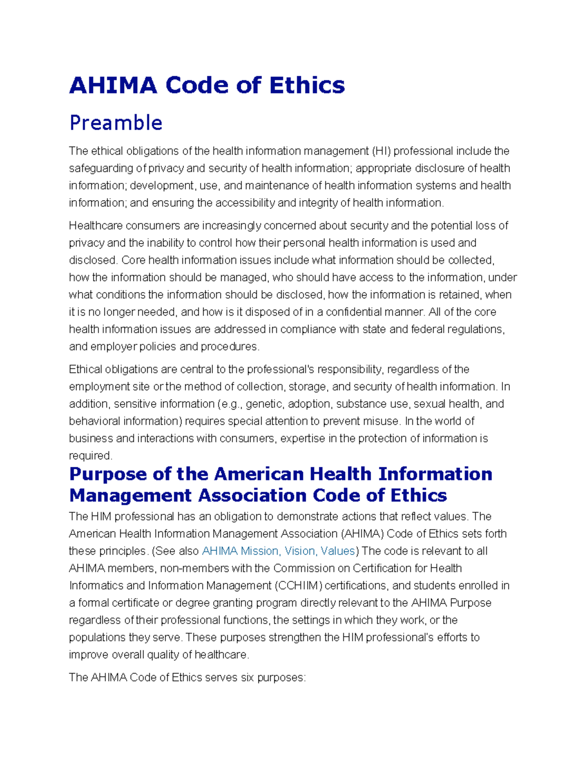 Ahima Code of Ethics - AHIMA Code of Ethics Preamble The ethical ...