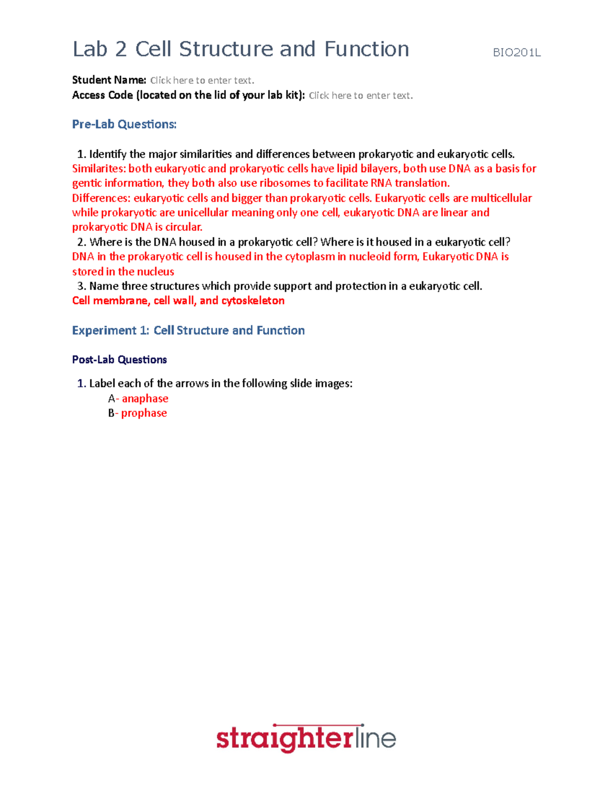 LAB 2-Cell Structure and Function - Student Name: Click here to enter text. Access Code (located ...