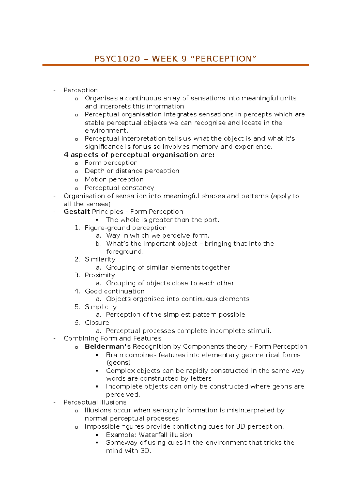 PSYCHOLOGY INTRO 2 Week 9 Lecture Notes - PSYC1020 – WEEK 9 “PERCEPTION ...