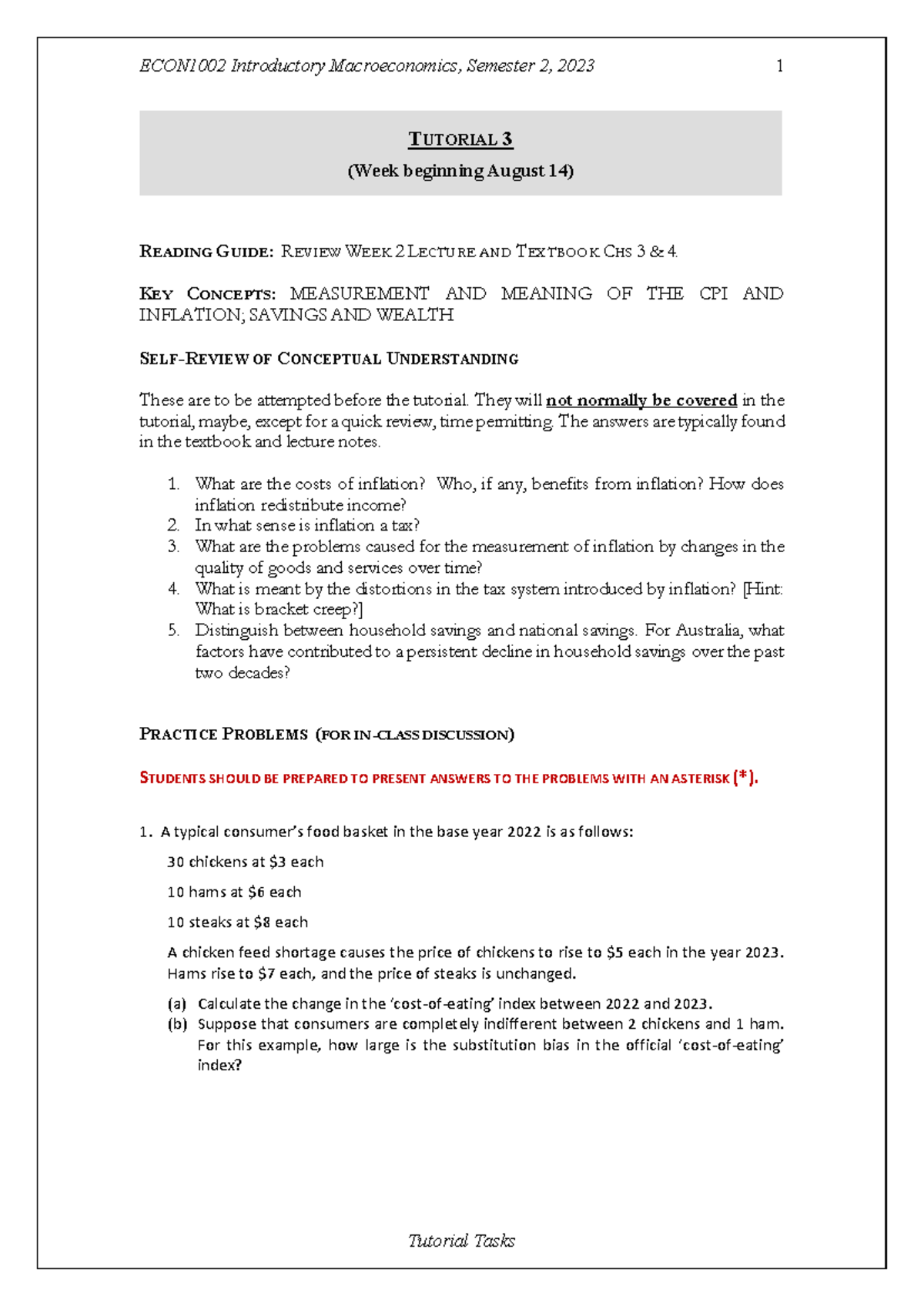 Tutorial Week 3 - ECON1002 Introductory Macroeconomics, Semester 2, 2023 Tutorial Tasks 1 R ...