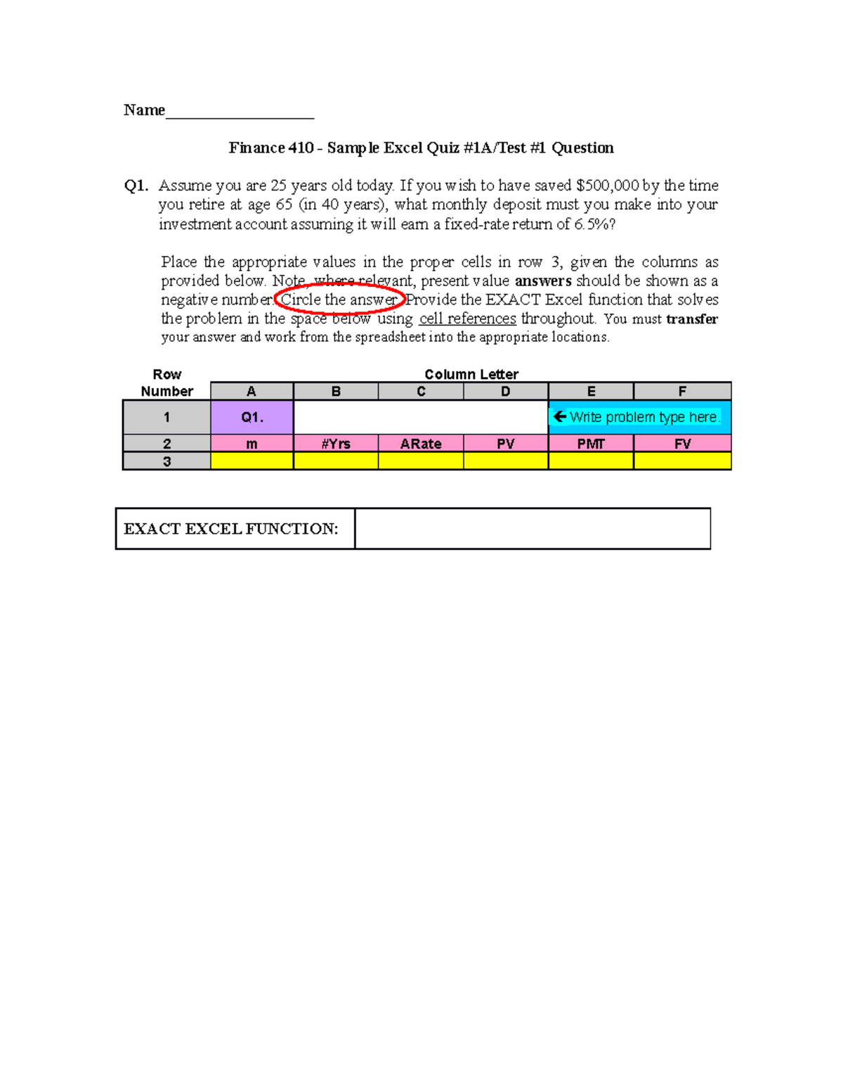 F410 Sample Excel Quiz Questions - Name__________________ Finance 410 ...