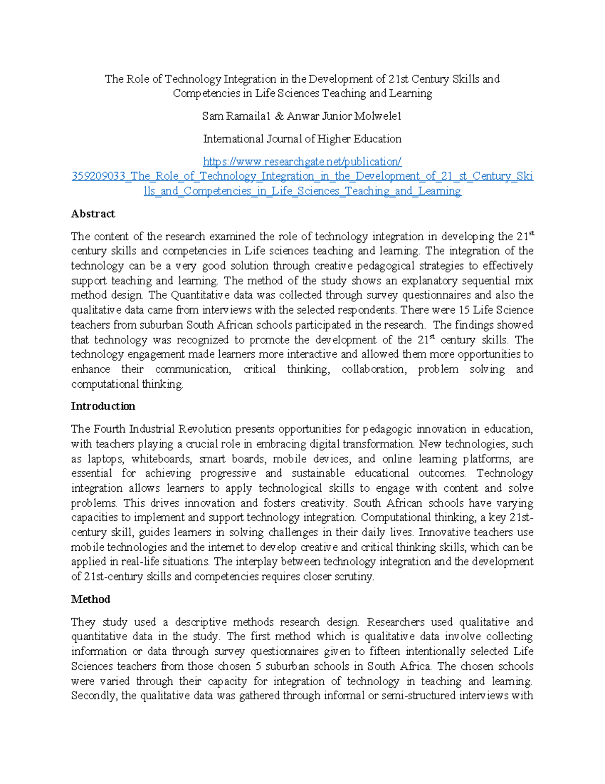 The Role of Technology Integration in the Development of 21st Century ...