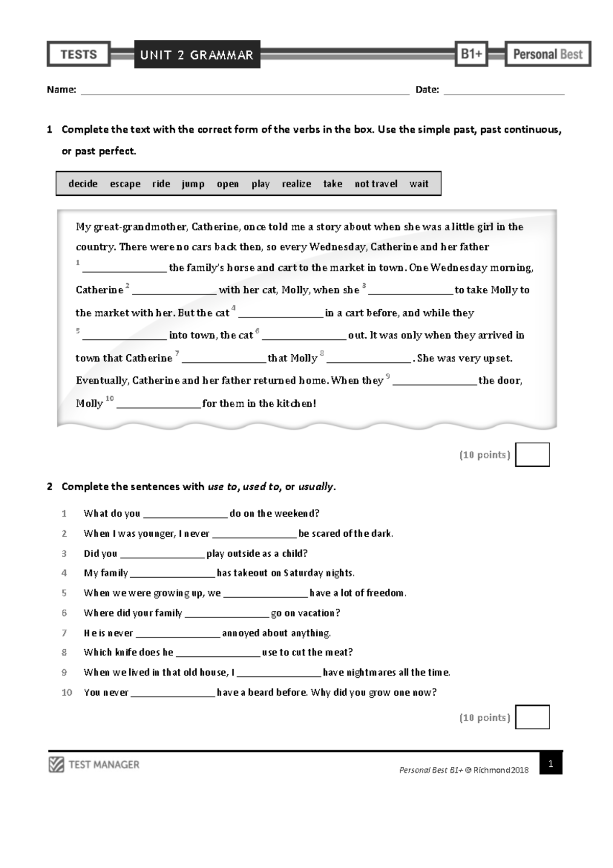 Personal Best B1+ Unit 2 Grammar test - UNIT 2 GRAMMAR 1 Personal Best ...