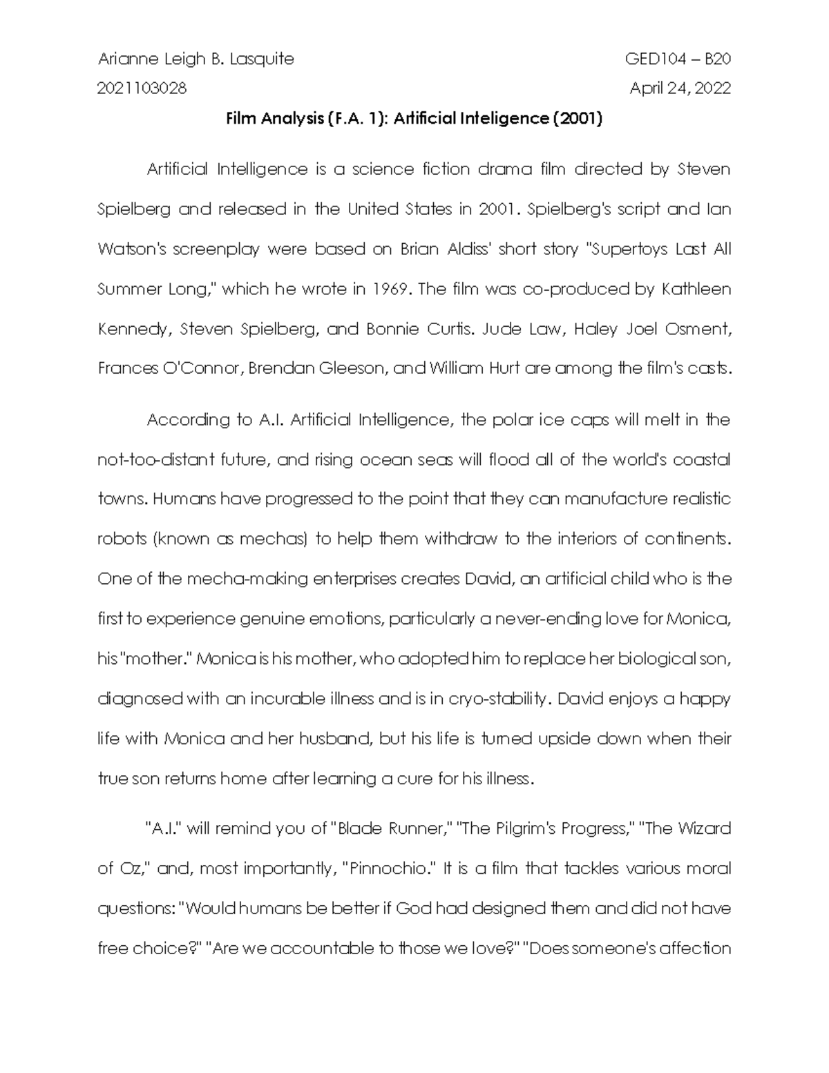 Film Analysis 1 (Artificial Intelligence) - GED104 - Arianne Leigh B ...