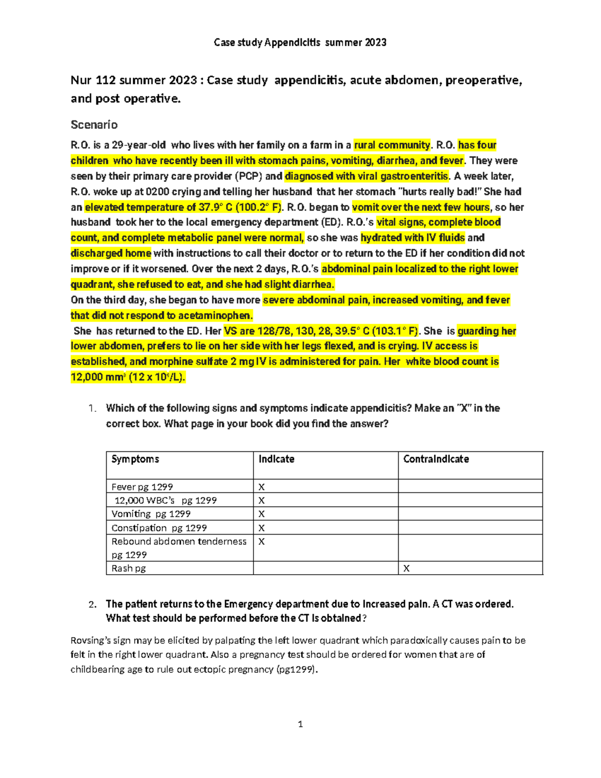 Appendicitis Case Study - Nur 112 summer 2023 : Case study appendicitis ...